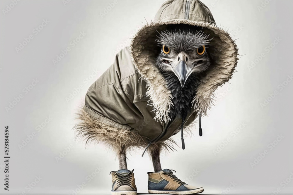 Full body of Emu wearing street Hip-hop fashion streetwear and canvas ...