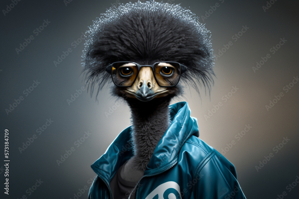 Portrait of Emu wearing street Hip-hop fashion streetwear. Animal wears ...