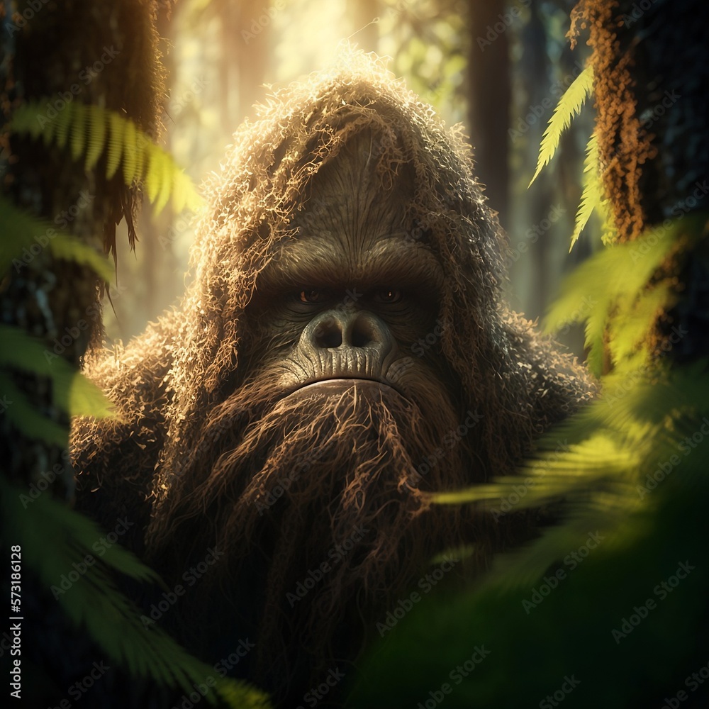 A Rare Portrait of a Curious Big Foot Sasquatch in a Warm Sunny Forest ...