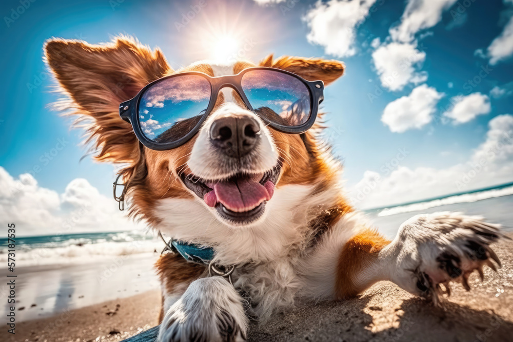 an happy dog with sunglasses in a beautiful beach Stock Illustration ...