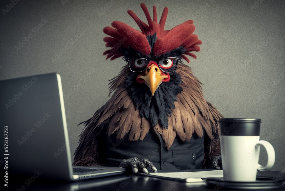 Angry rooster company boss working with laptop in office. Generative AI ...