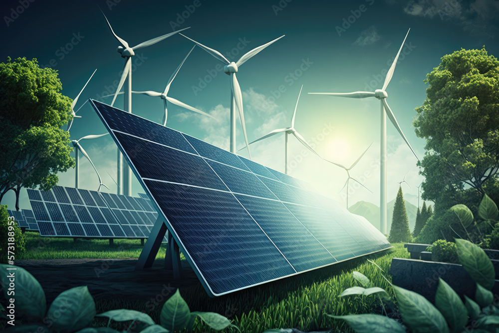 Renewable energy background with green energy as wind turbines and ...