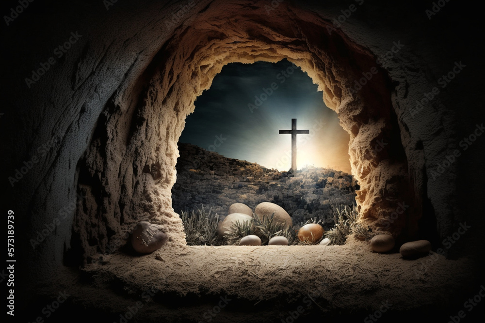 Crucifixi and Resurrection. Empty tomb of Jesus with crosses in the ...