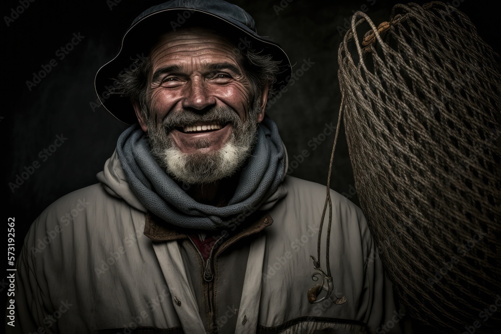 Artistic portrait of a humble smiling bearded fisherman from Iceland ...