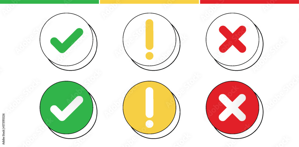 Сheck mark green, yellow exclamation sign and red wrong mark. Caution ...