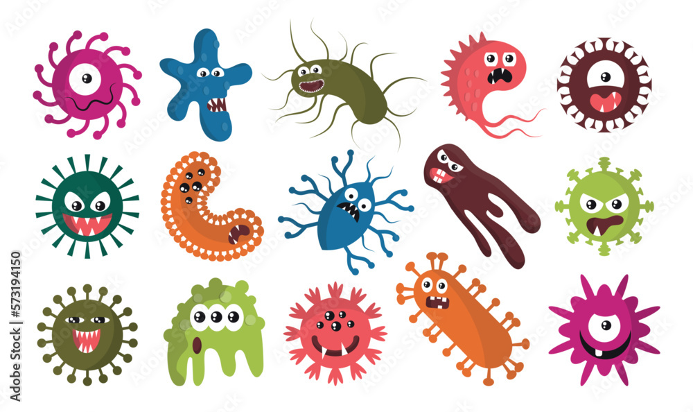 Virus germ characters, coronavirus and flu bacteria. Funny pathogenic ...