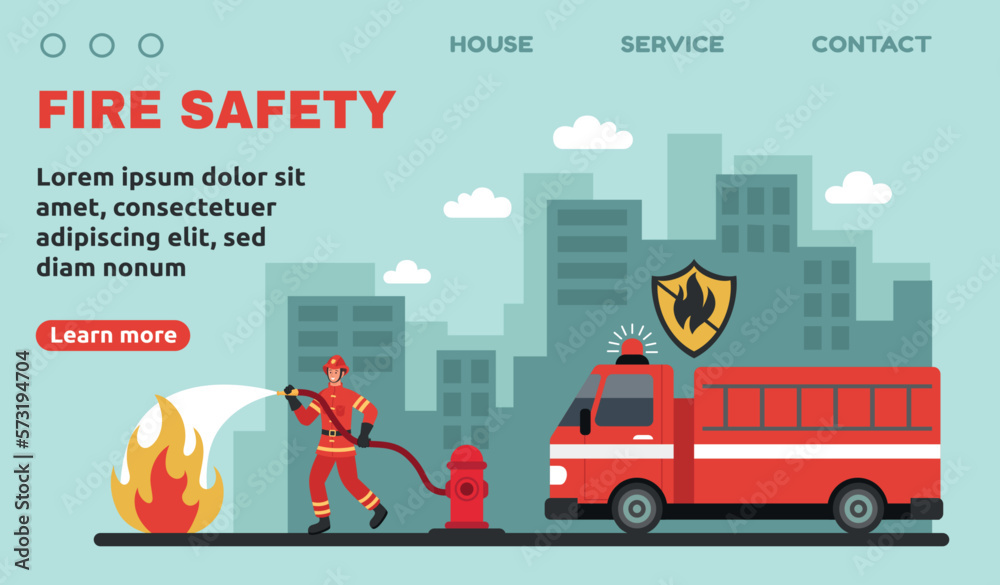 Fire protection landing page. Firefighter safety website. Fireman using ...