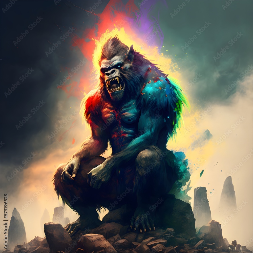 extremely angry and strong and violent king rainbow baboon sitting ...