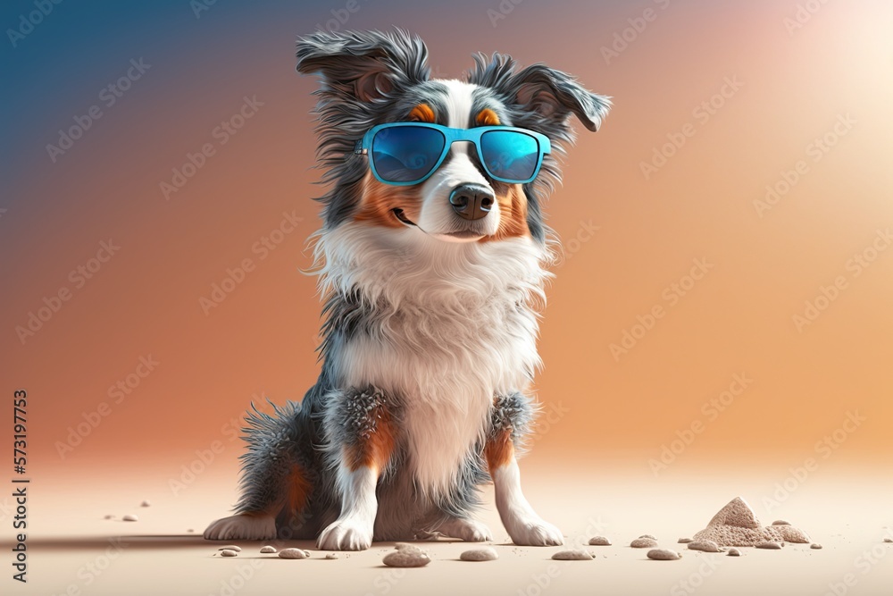 Cute Cartoon Summer Australian Shepard on a Beach in Sunglasses with ...