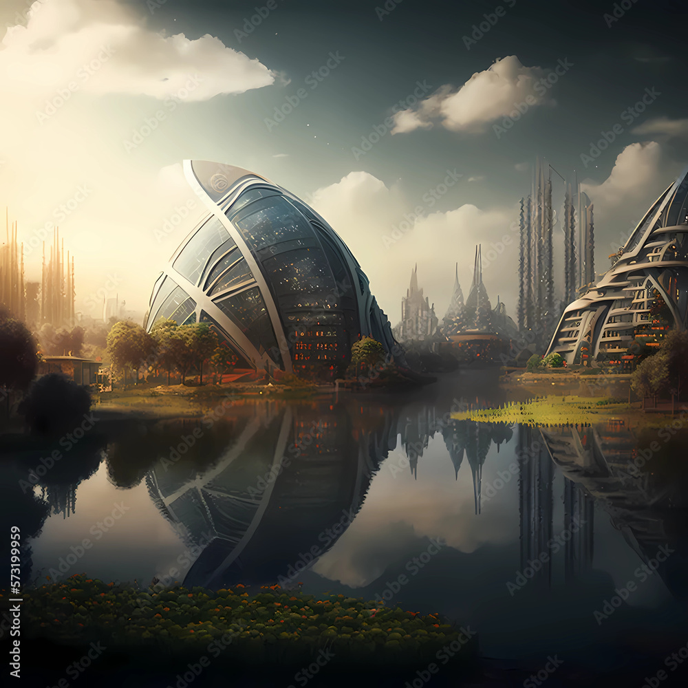 Futuristic ultra modern urban environment. City waterfront from the ...
