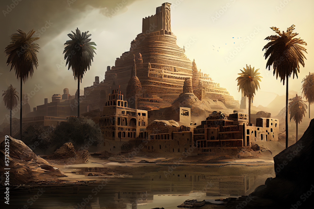 Ancient city of Babylon with the tower of Babel, bible and religion ...