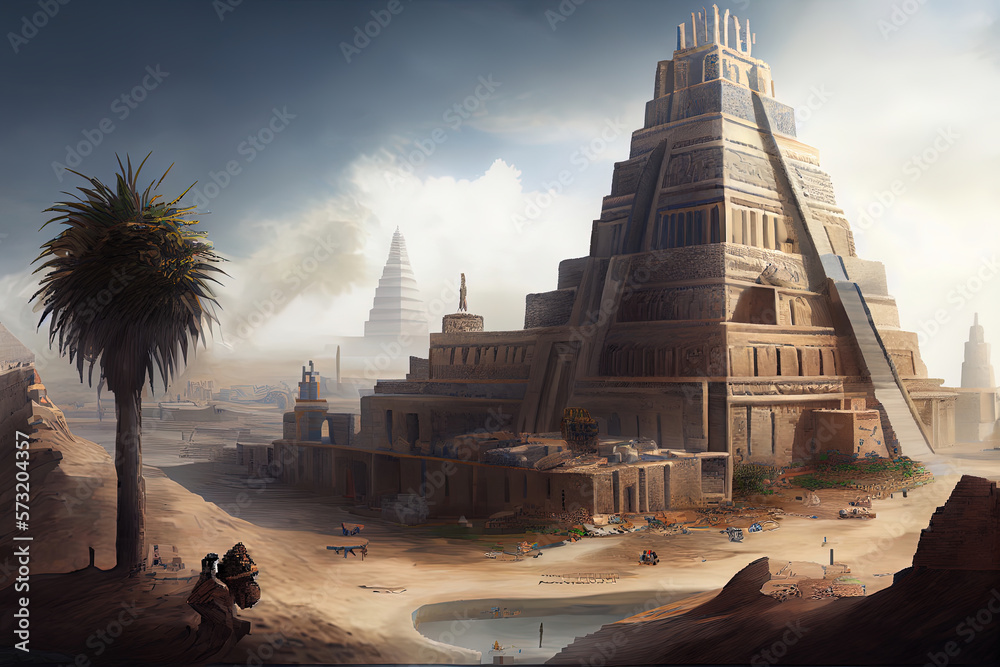 Ancient city of Babylon with the tower of Babel, bible and religion ...