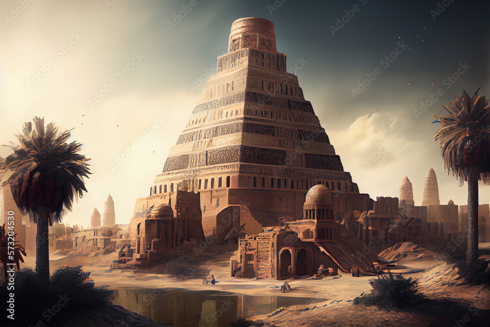 Ancient city of Babylon with the tower of Babel, bible and religion ...