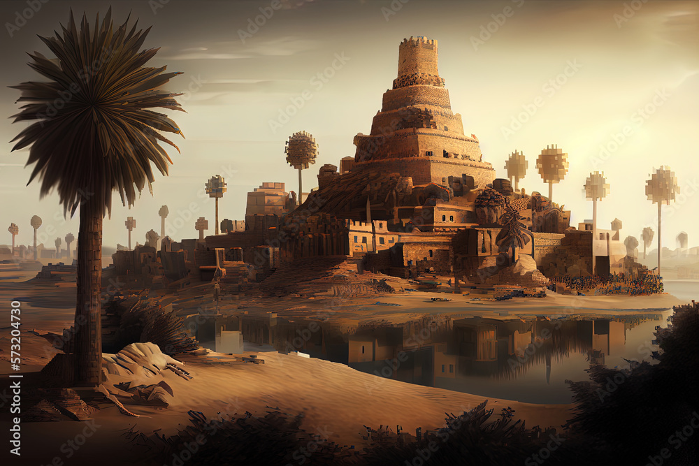 Ancient city of Babylon with the tower of Babel, bible and religion ...