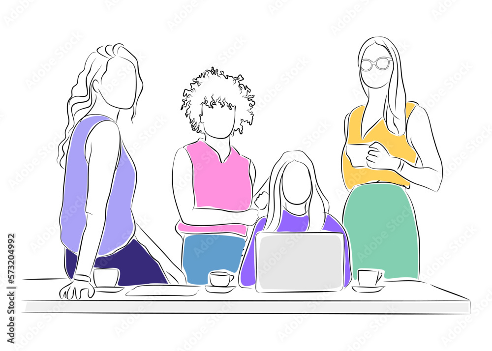 Vetor de Female Business team outline drawing. Different business women ...