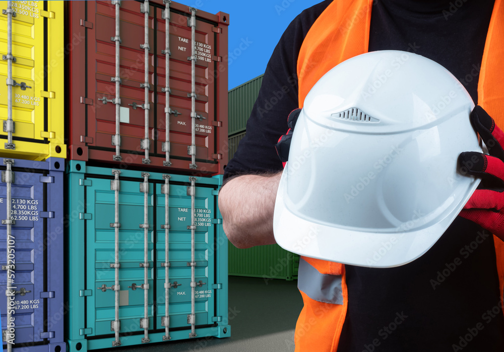 Foto de White helmet in hands worker. Framed man in sea harbor. Safety ...