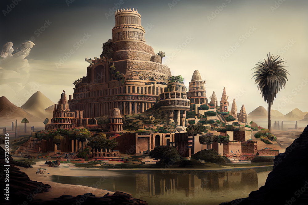 Ancient city of Babylon with the tower of Babel, bible and religion ...