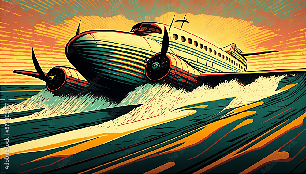 vintage retro style illustration of a passanger plane in sunset sunrise ...