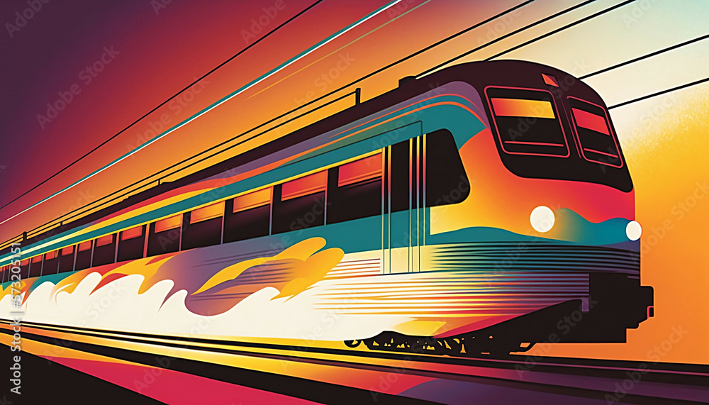 vintage retro style illustration of a passanger train at sunset sunrise ...