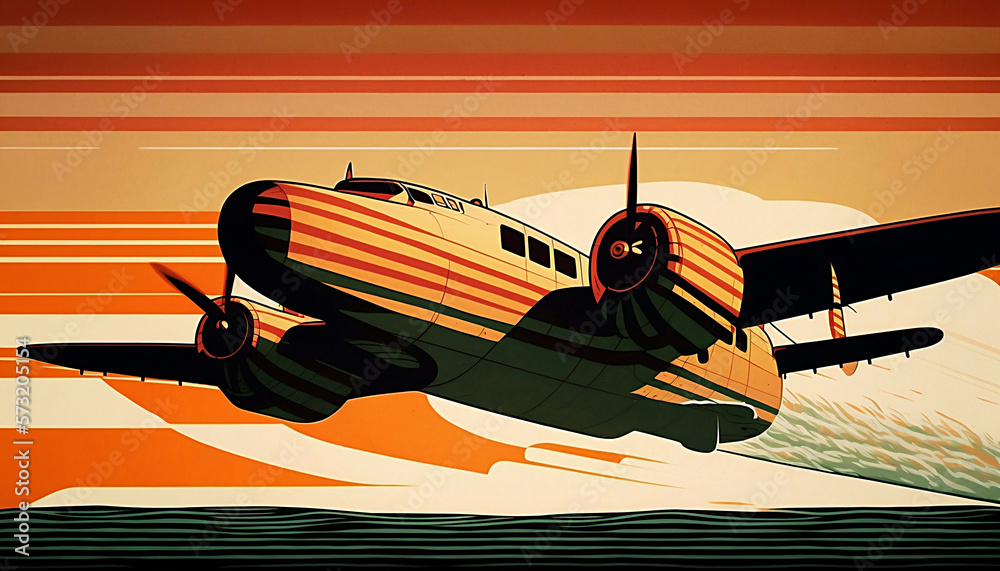 vintage retro style illustration of a passanger plane in sunset sunrise ...