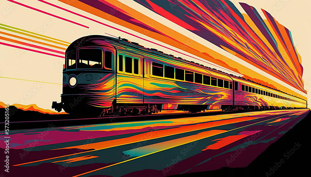 vintage retro style illustration of a passanger train at sunset sunrise ...