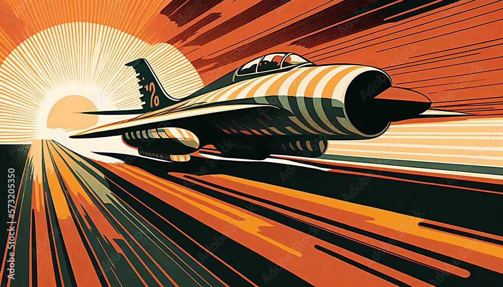 vintage retro style illustration of a jet interceptor plane in sunset ...