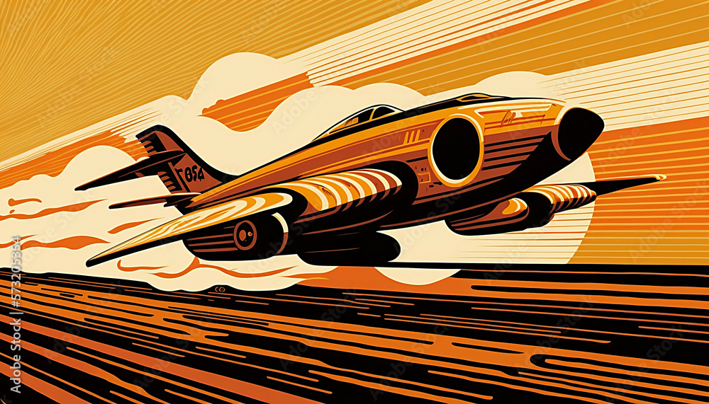 vintage retro style illustration of a jet interceptor plane in sunset ...