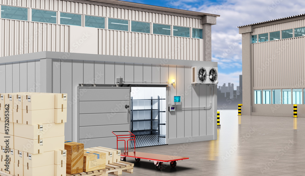 Cold container. Refrigerator for factory or plant. Industrial container ...