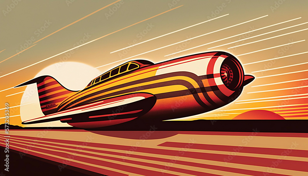 vintage retro style illustration of a jet interceptor plane in sunset ...