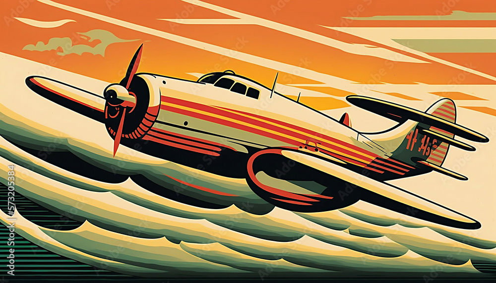 vintage retro style illustration of a passanger plane in sunset sunrise ...