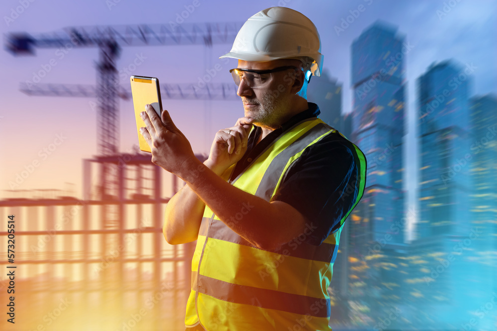 Construction company manager man with tablet. Guy in uniform builder ...