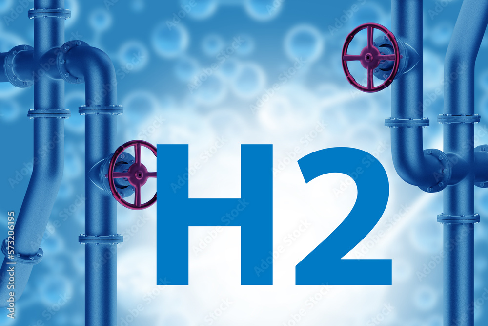H2 energy. Hydrogen pipeline. Plumbing with chemical formula H2 ...
