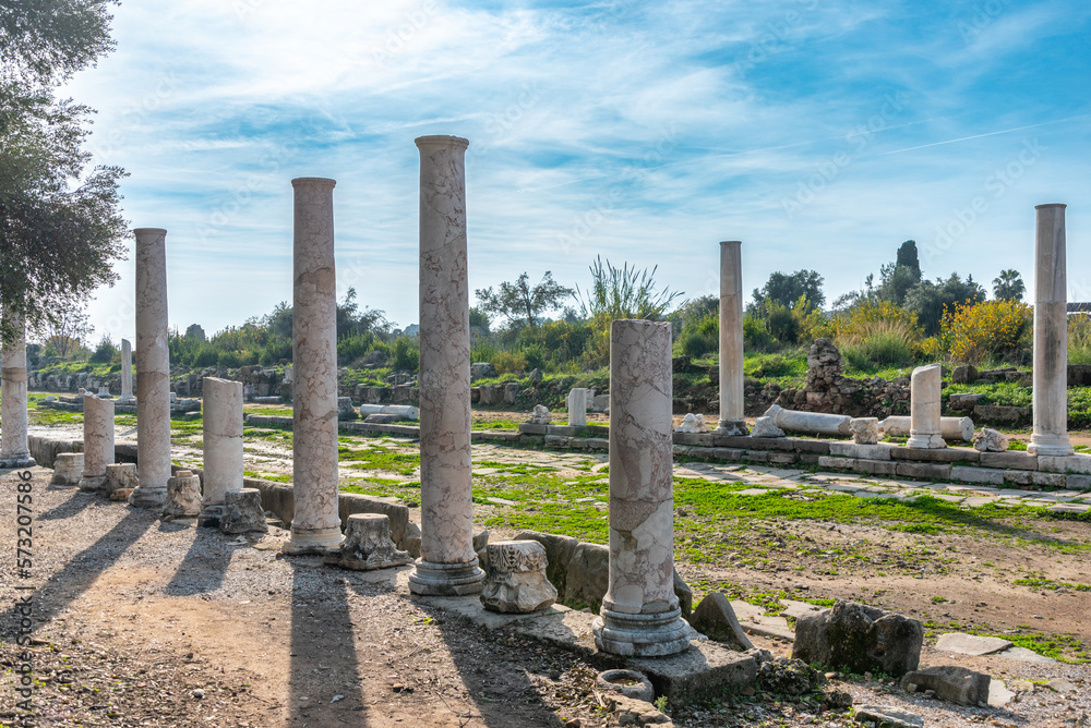 View of old roman road with columns in the ancient town Side in ...
