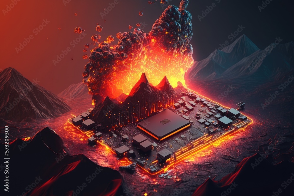 Volcanic eruption with lava on motherboard, overheating, active volcano ...
