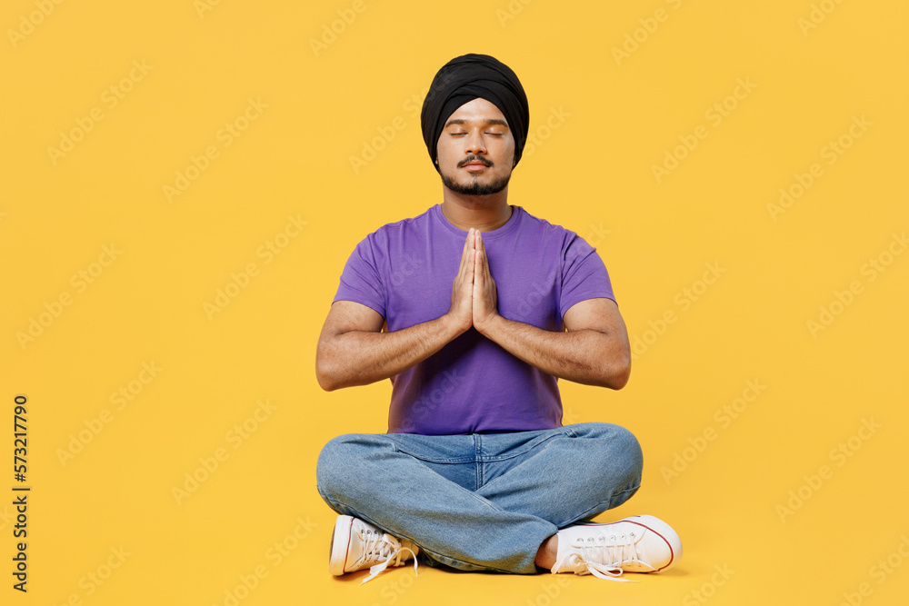 Full body devotee Sikh Indian man ties traditional turban dastar wear ...