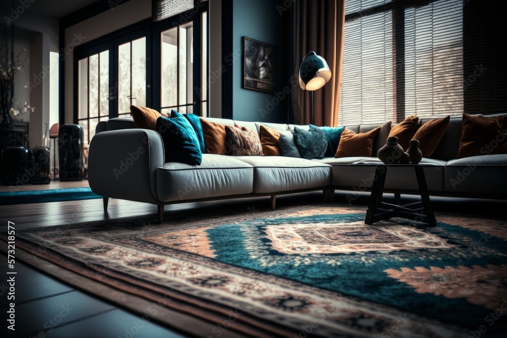 The wide-angle view of the minimal living room showcases the perfect ...