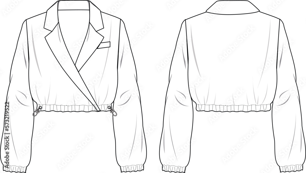 Women's Crop Bomber Jacket. Technical fashion illustration. Front and ...