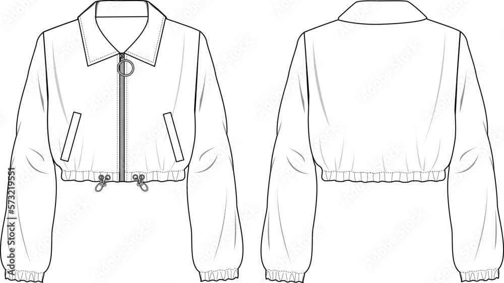 Women's Crop Zip-up Bomber Jacket. Technical fashion illustration ...