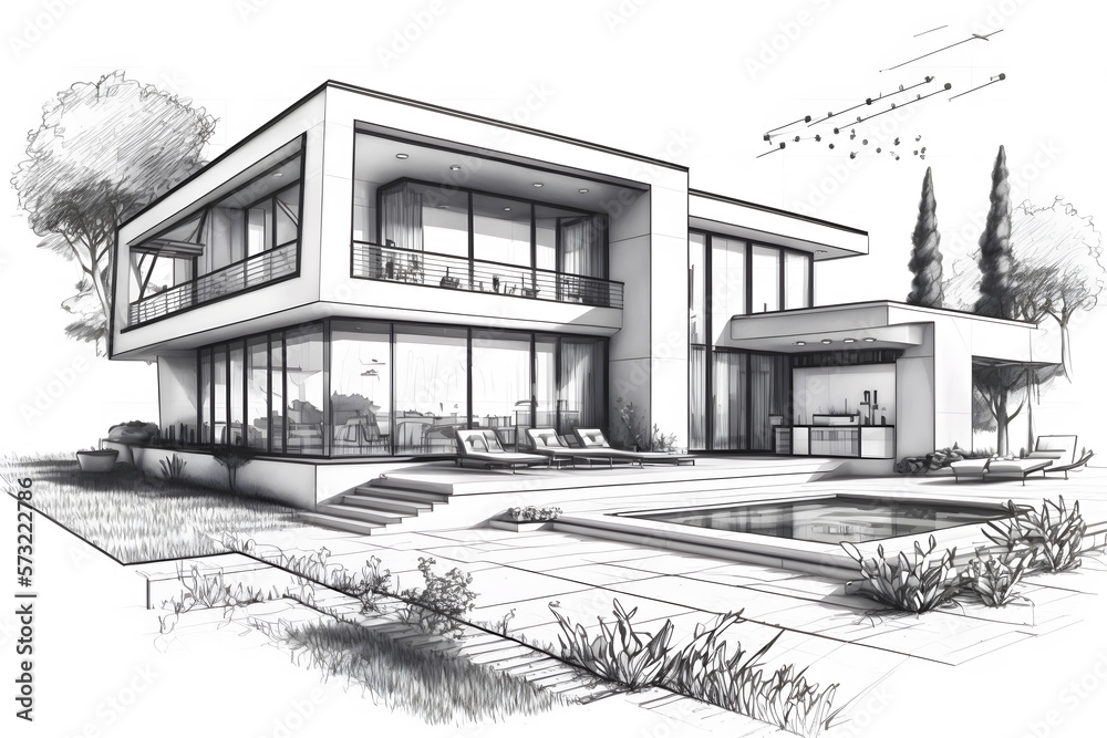 Sketch of building design of modern family house with roof terrace and ...