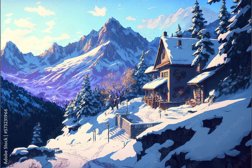 a winter house in the alps, painted in the style of anime and manga ...