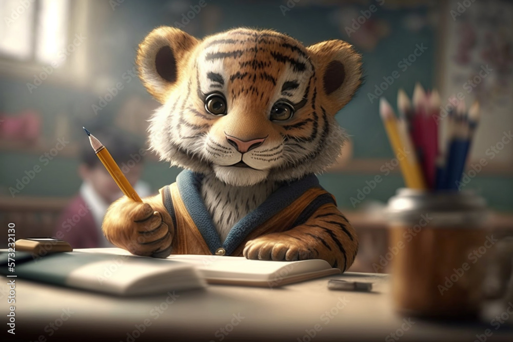 Cute tiger cub at a school lesson at a desk, education and school ...
