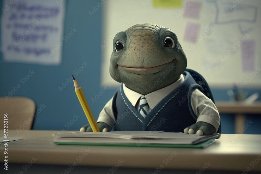 Cute smiling turtle at a school lesson at a desk, education and school ...