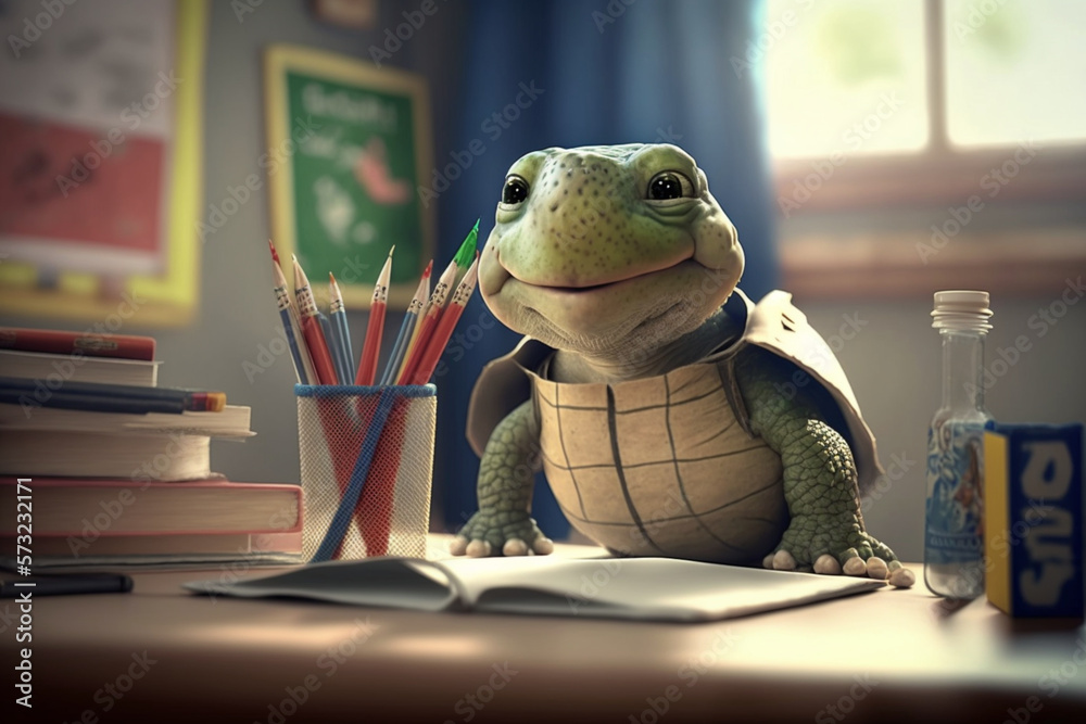 Cute smiling turtle at a school lesson at a desk, education and school ...