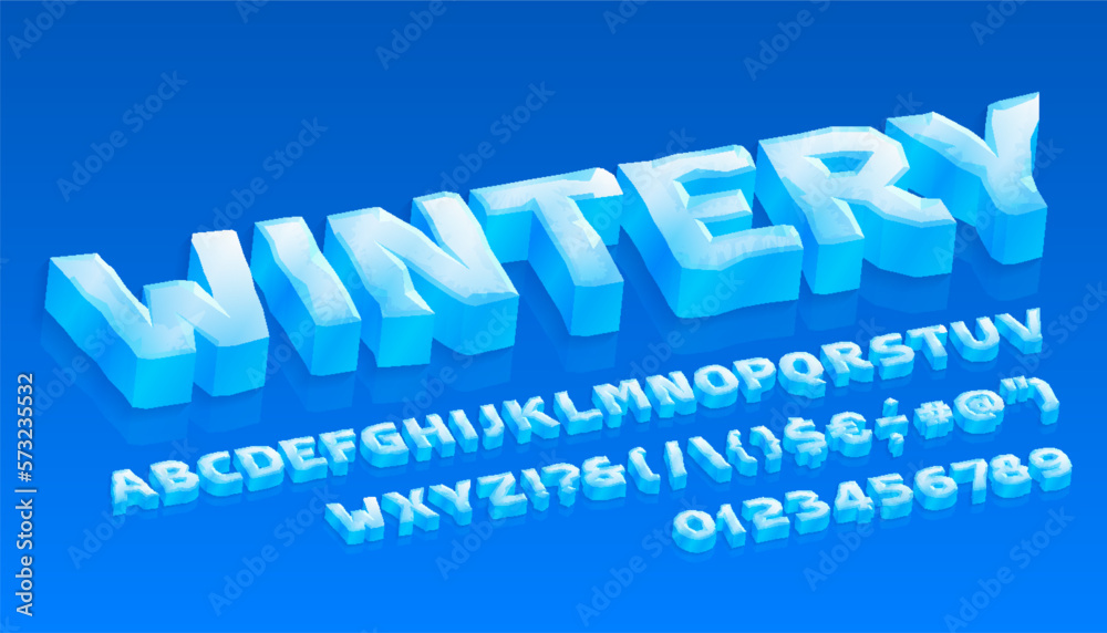 Wintery Alphabet Font 3d Cartoon Ice Letters And Numbers With Reflections Stock Vector