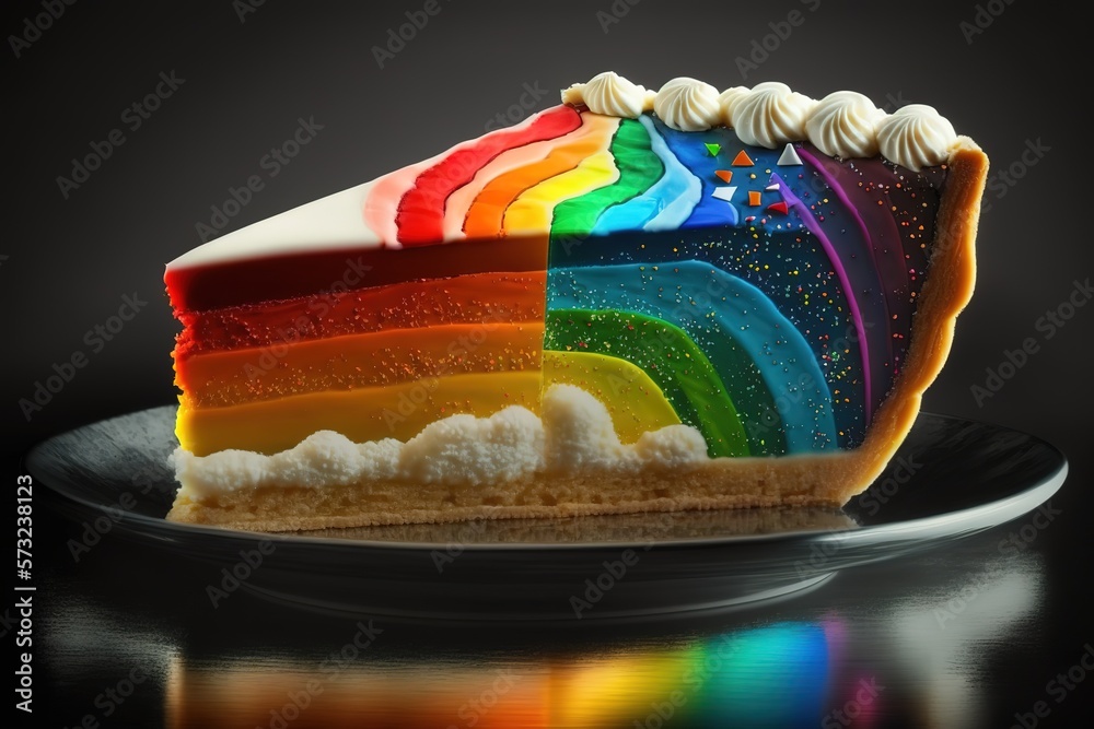 A Slice of rainbow layered pie with cream and decorations, symbol of ...