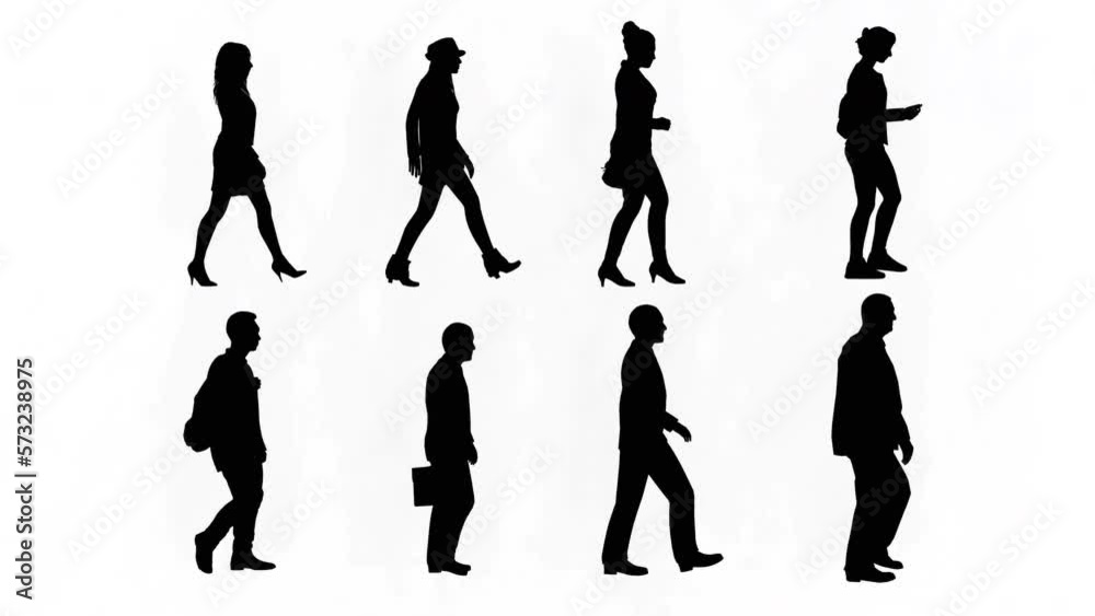 Set of Black Shape People Walking on White Background,Isolated Men and ...