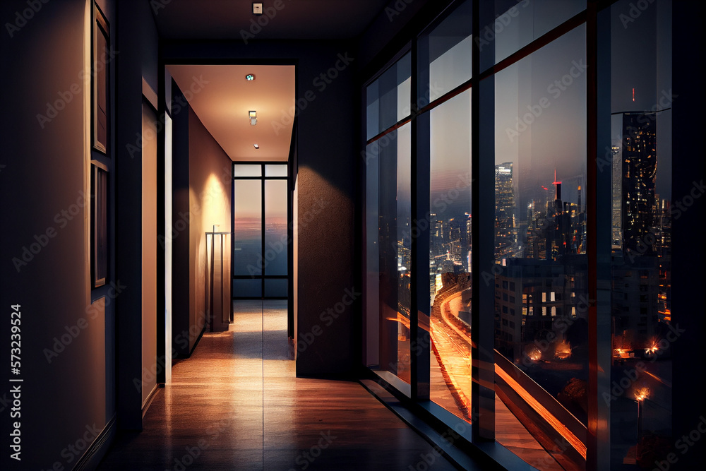 Hallway interior with large panoramic windows and night metropolis city ...