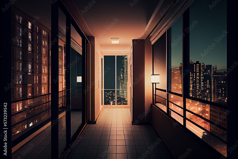 Hallway interior with large panoramic windows and night metropolis city ...
