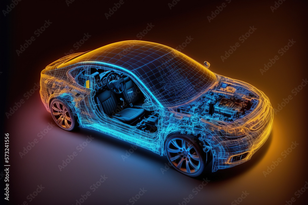 Virtual simulation of future electric car showing wireframe prototype model blueprint in display ...