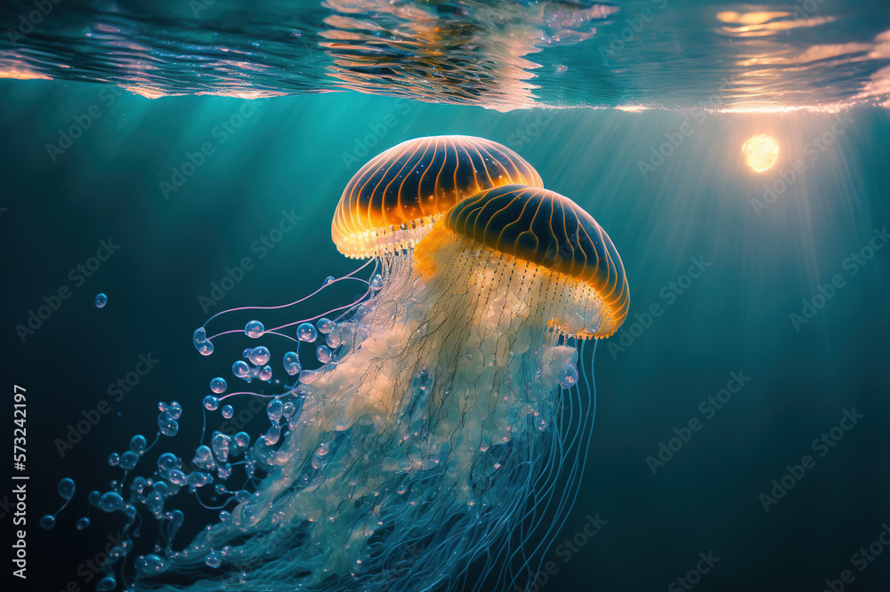 Underwater scene of jellyfish floating in sun rays below surface of the ...